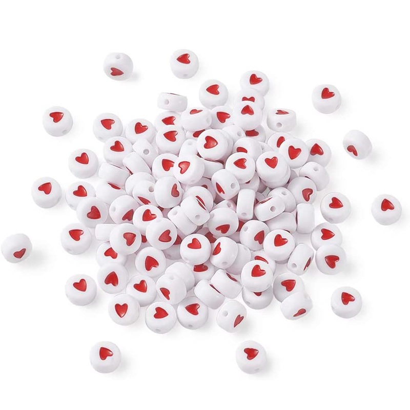 100pcs Love Red Heart Beads Flat Round Plastic Spacer Loose Beads for ...