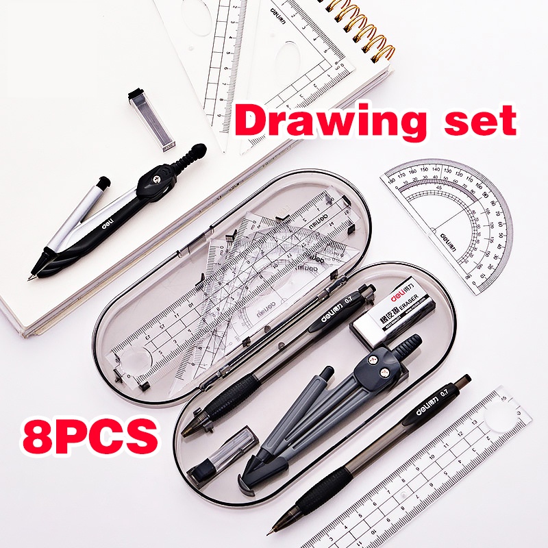 DELI 8PCS Drawing Compass Ruler Kit Stationery Set 1*Pen 1*Compass 4 ...