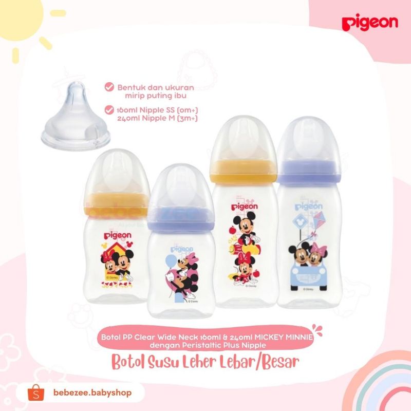Pigeon botol PP Clear Wide Neck Mickey Minnie Disney 160ml 240Ml with Peristaltic Plus Nipple ...