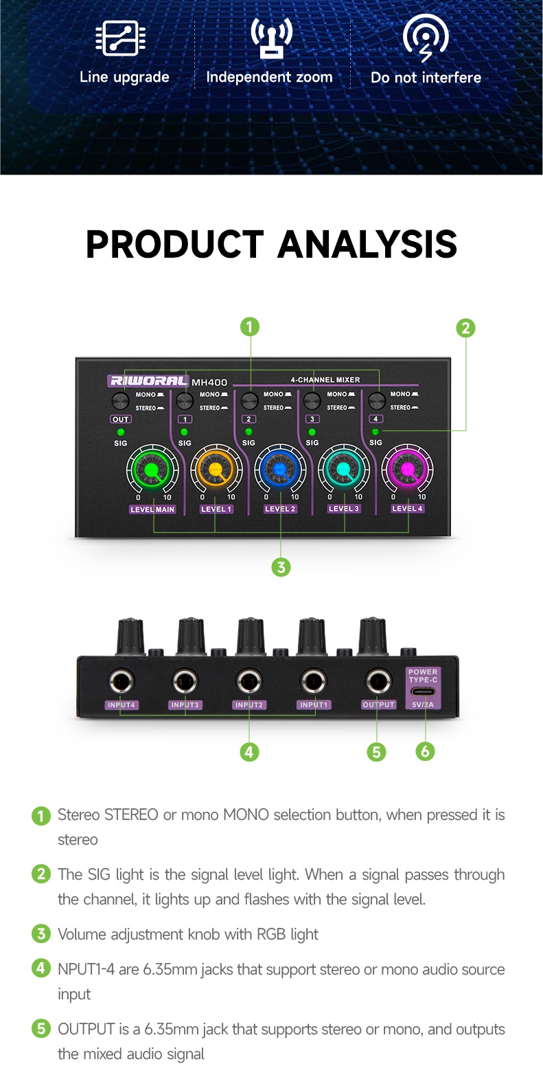 Mini Audio Mixer Stereo / Mono 4 Channel 1/4 Inch TSR/TS Audio Input Jack For Line Mixer Stereo ...