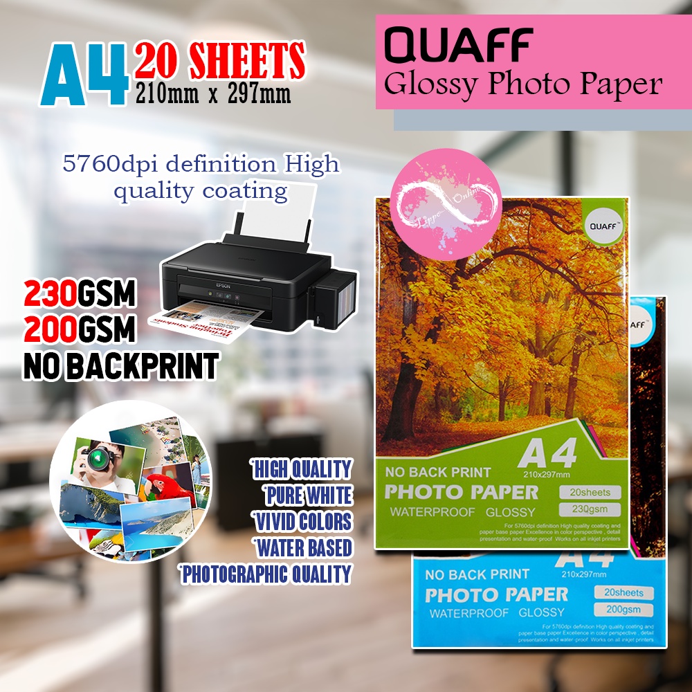 QUAFF No Back Print Glossy Inkjet Photo Paper A4 200GSM / 230GSM 20 sheets | Shopee Philippines
