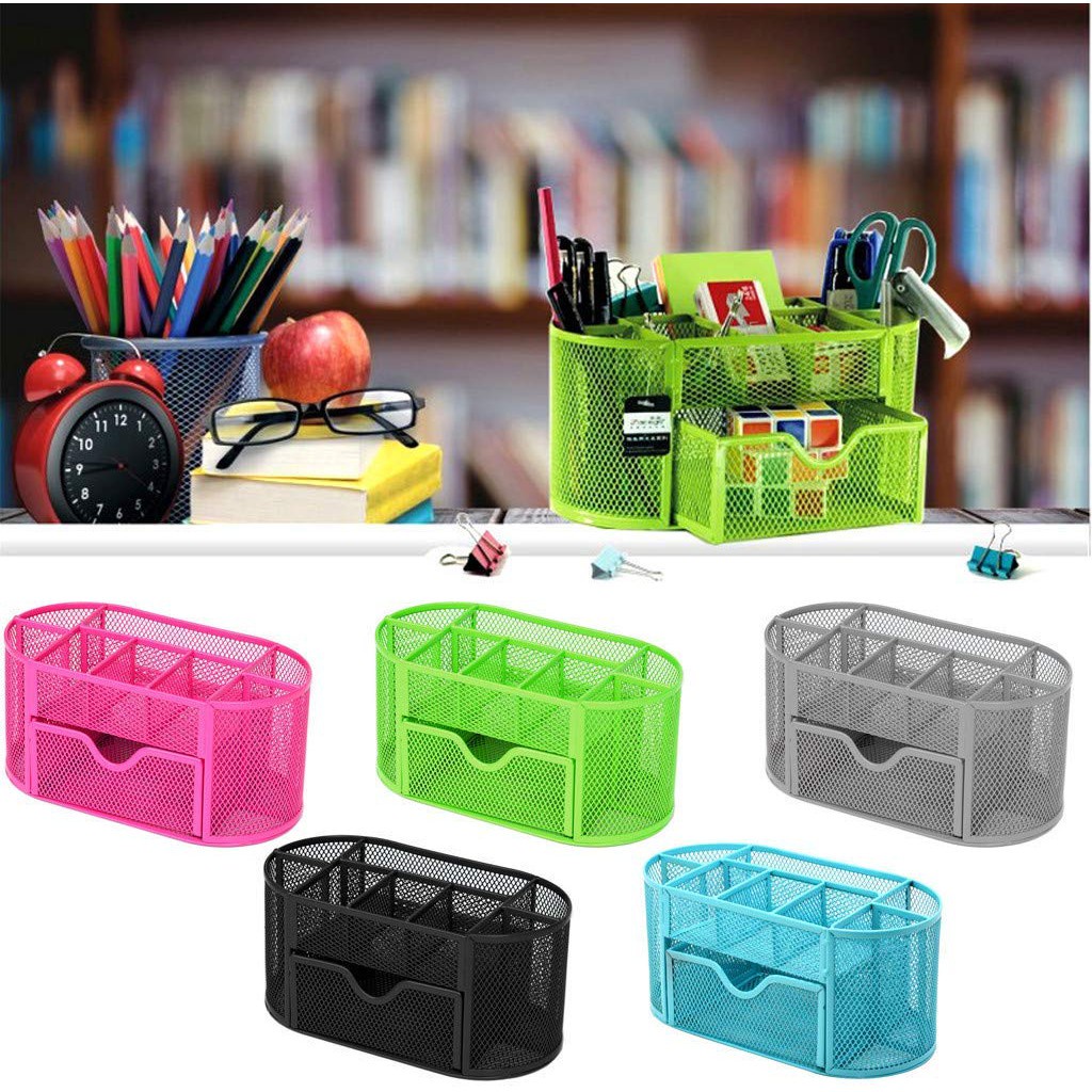 Metal Mesh Desk Pen Organizer Multifuction 9 Cells Desk Stationary ...