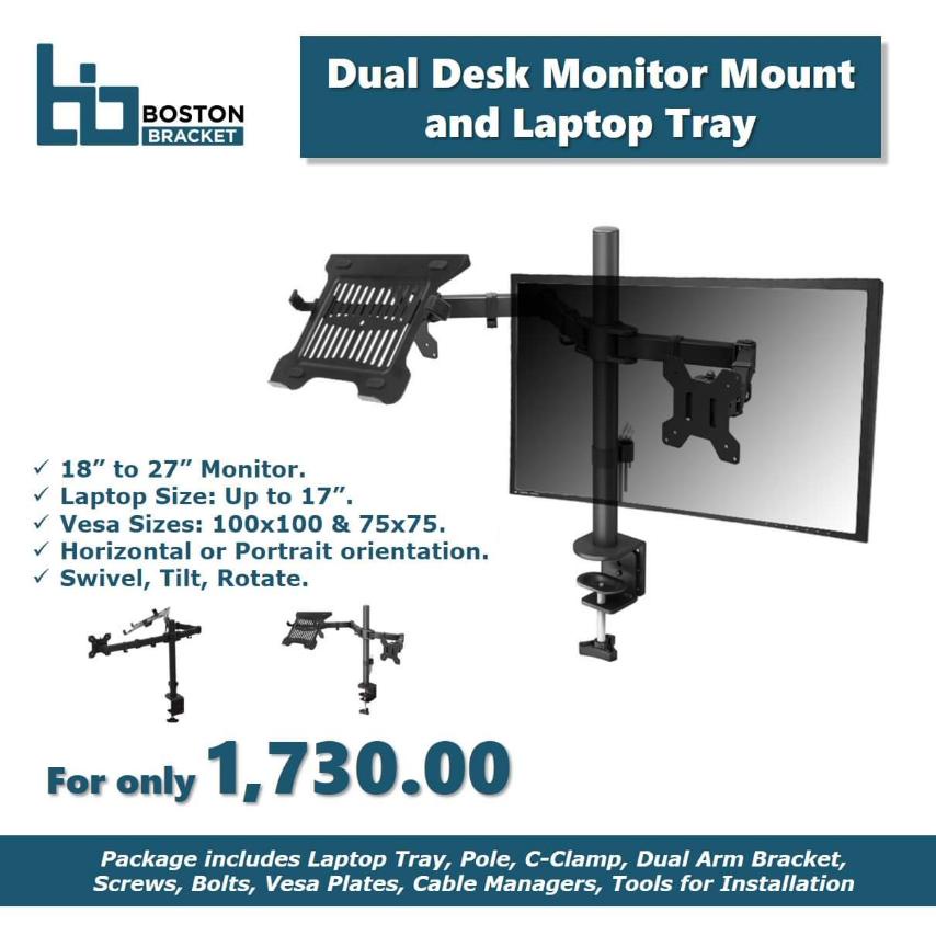 Boston Bracket Dual Desk Monitor Mount with Laptop Tray and C clamp ...