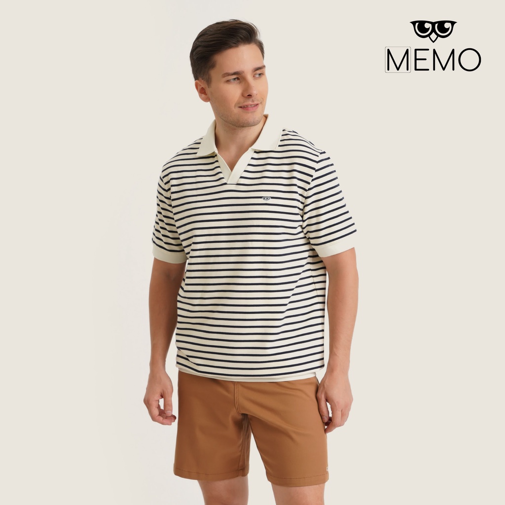Memo Open Collar Striped Polo With Hem Band For Men (Cream) | Shopee ...