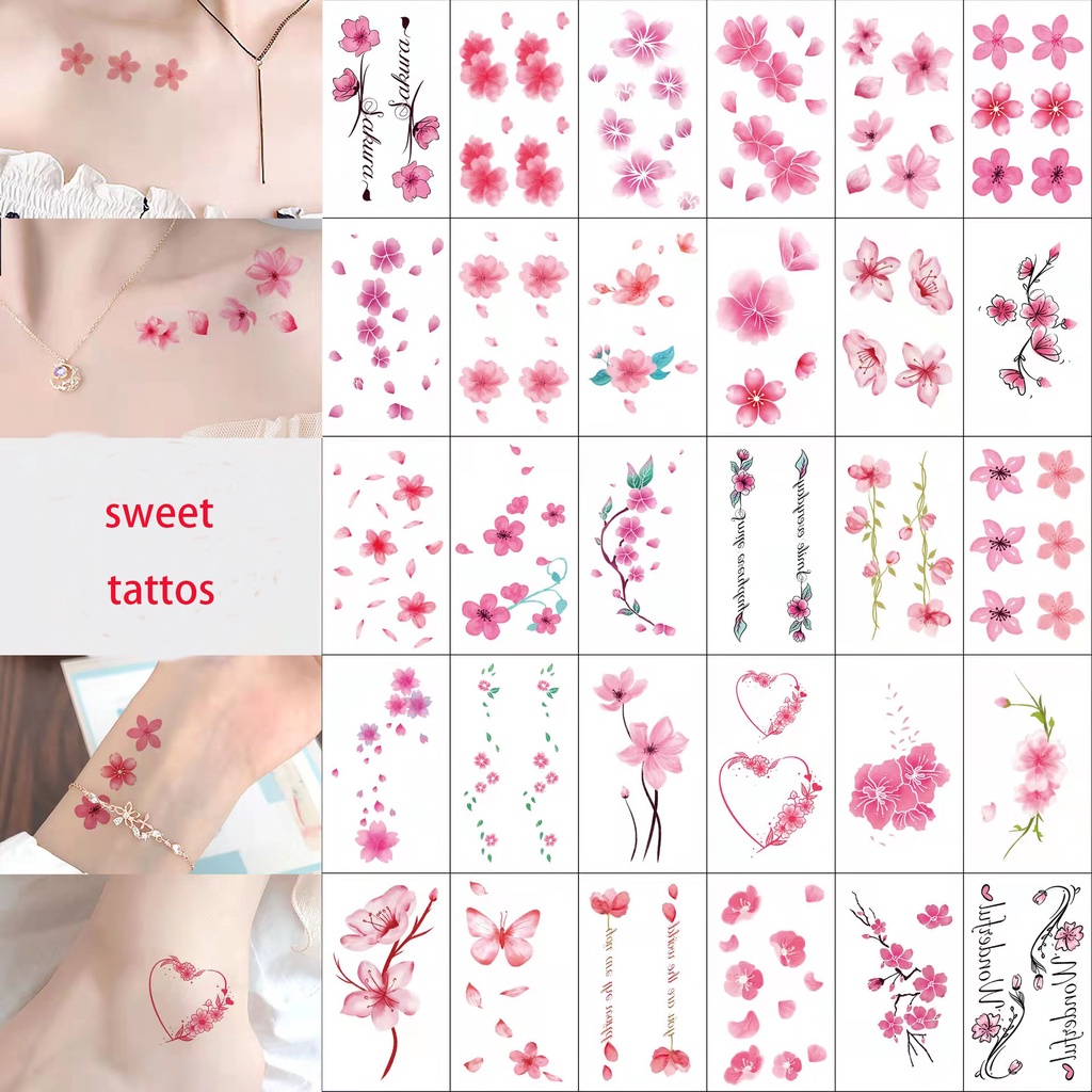 Pink Flower Tattoo Stickers Female Antiquity Fairy Girls Clavicle Fake ...