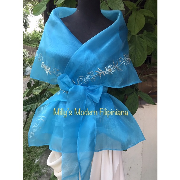 Modern Filipiniana wrap around / Embroidery aqua blue panuelo buwan ng ...