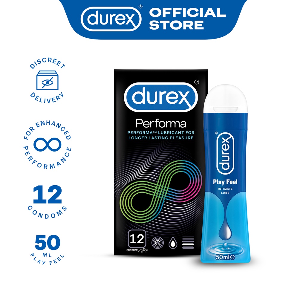 Durex Performa Extended Pleasure Lubricated Condoms 12s with Play Feel 50mL Lubricant Bundle- W ...