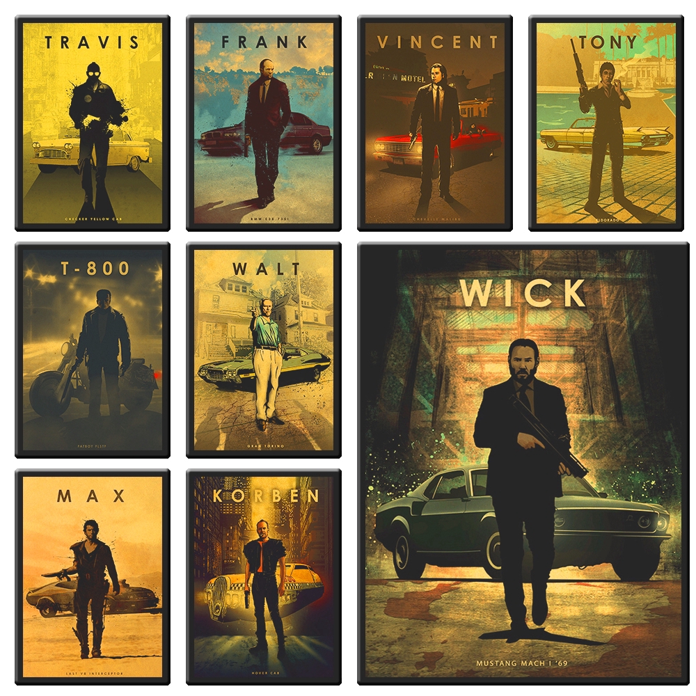 Various movie protagonist man and car movie poster kraft paper poster ...