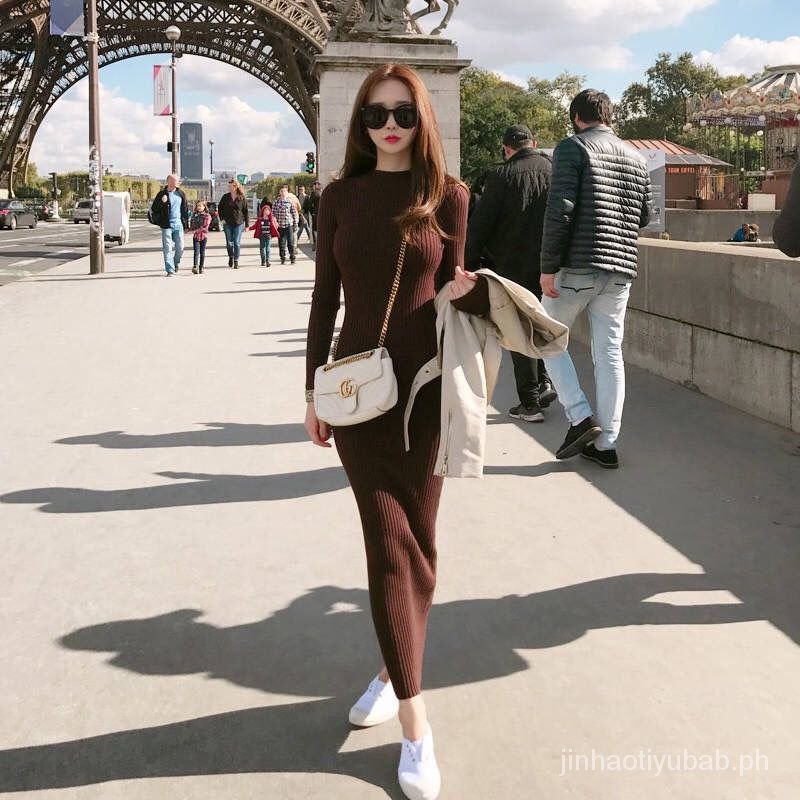 2022Autumn and Winter Ultra-Long Sweater Dress below the Knee Slim Fit Slim Looking Base Knitted ...