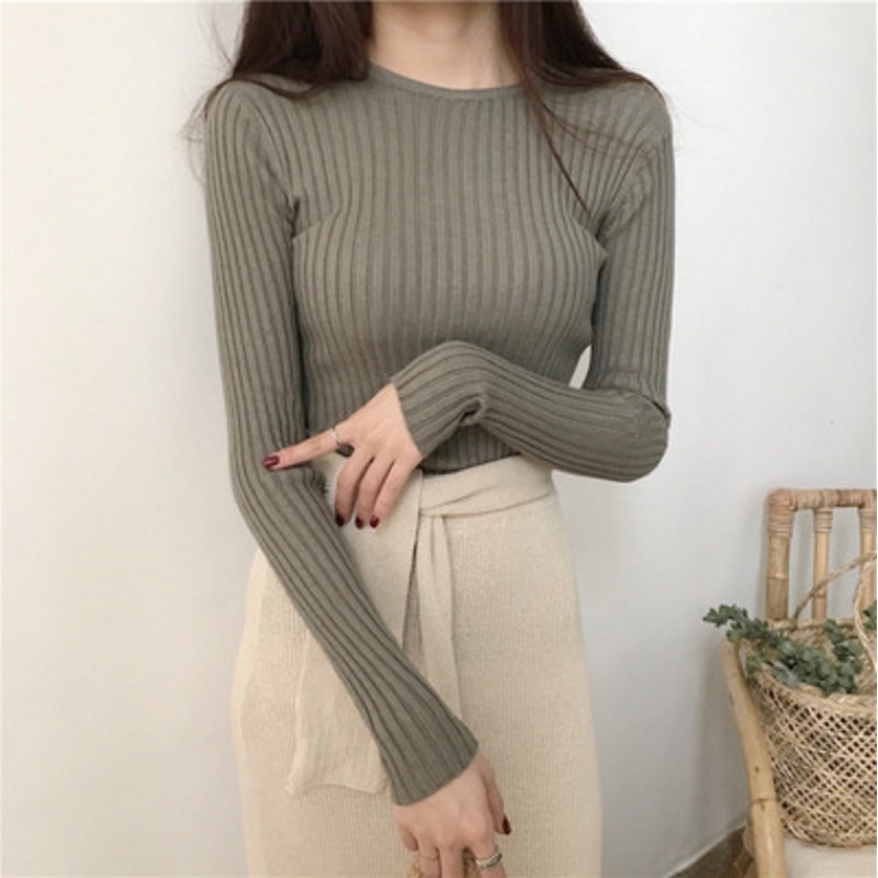 Korean Knit Womens Plain Color Blouses Round Neck Long Sleeves Blouses ...