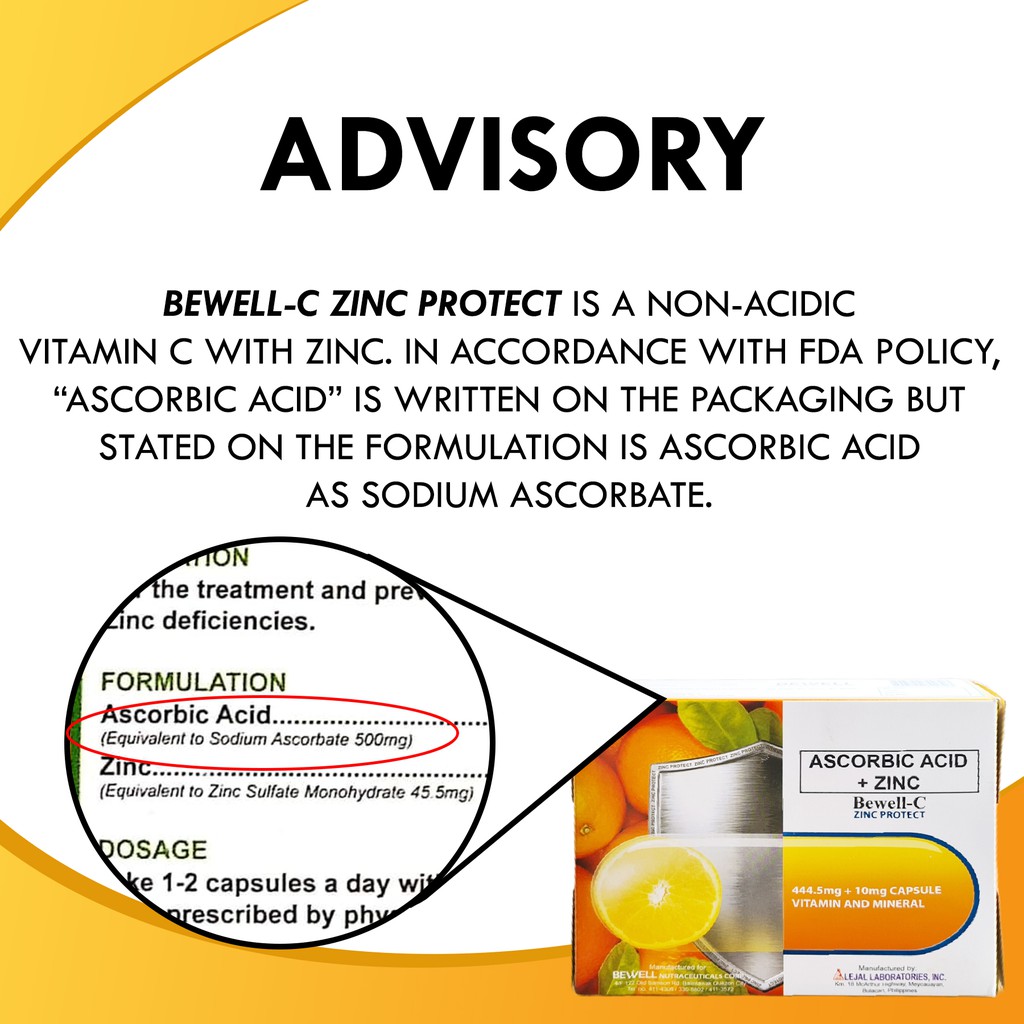 Bewell-C Zinc Protect Ascorbic Acid plus Zinc 500mg/capsule, 100 ...