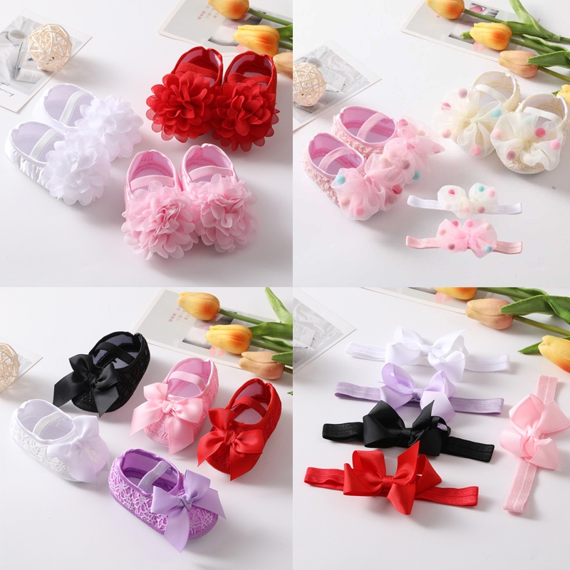 COD 2Pcs/Set Baby Girl Shoes + Headbands Sets Satin Cloth Bowknot ...