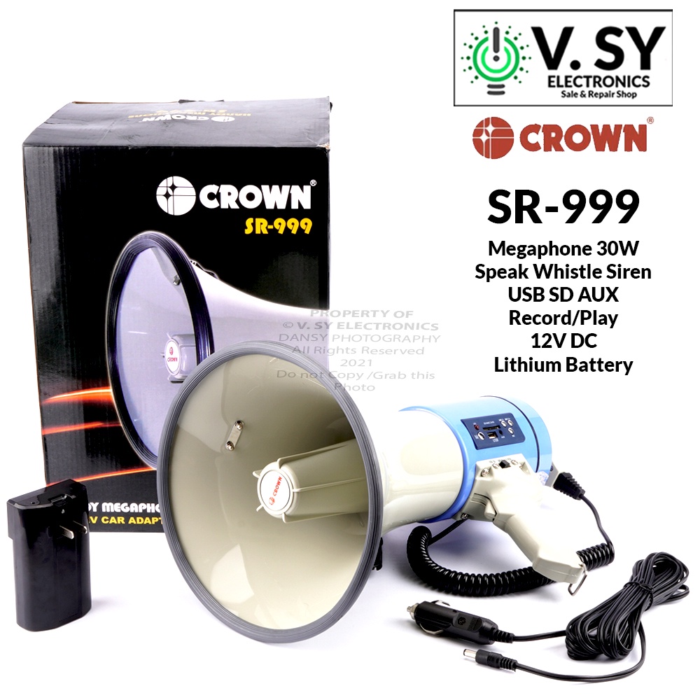 CROWN SR-999 Megaphone 30W Speak Whistle Siren BT USB SD AUX Record ...