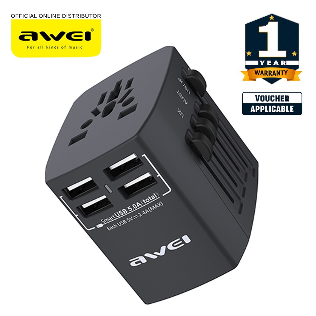 AWEI C36 Multinational Travel Converter Plug With 4 USB Port Fast ...