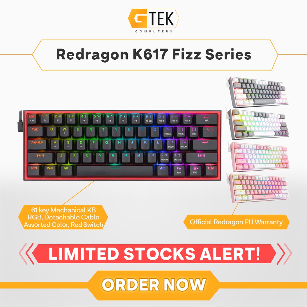 Redragon K617 Fizz 61-Key Mechanical Keyboard Red Switch Backlit RGB ...