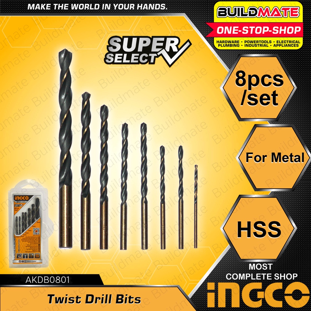 BUILDMATE Ingco Twist Drill Bits Set 8 PCS HSS for Metal Drilling Tools ...