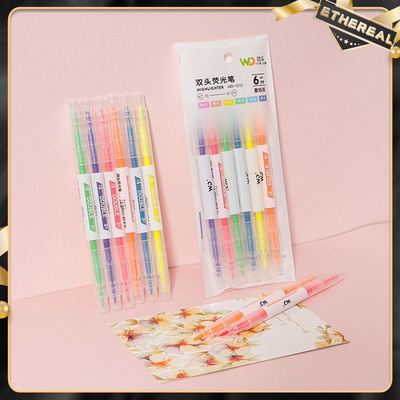 6 Colors Dual Tip Highlighter Pen Set Candy Color Marker Pen Light ...