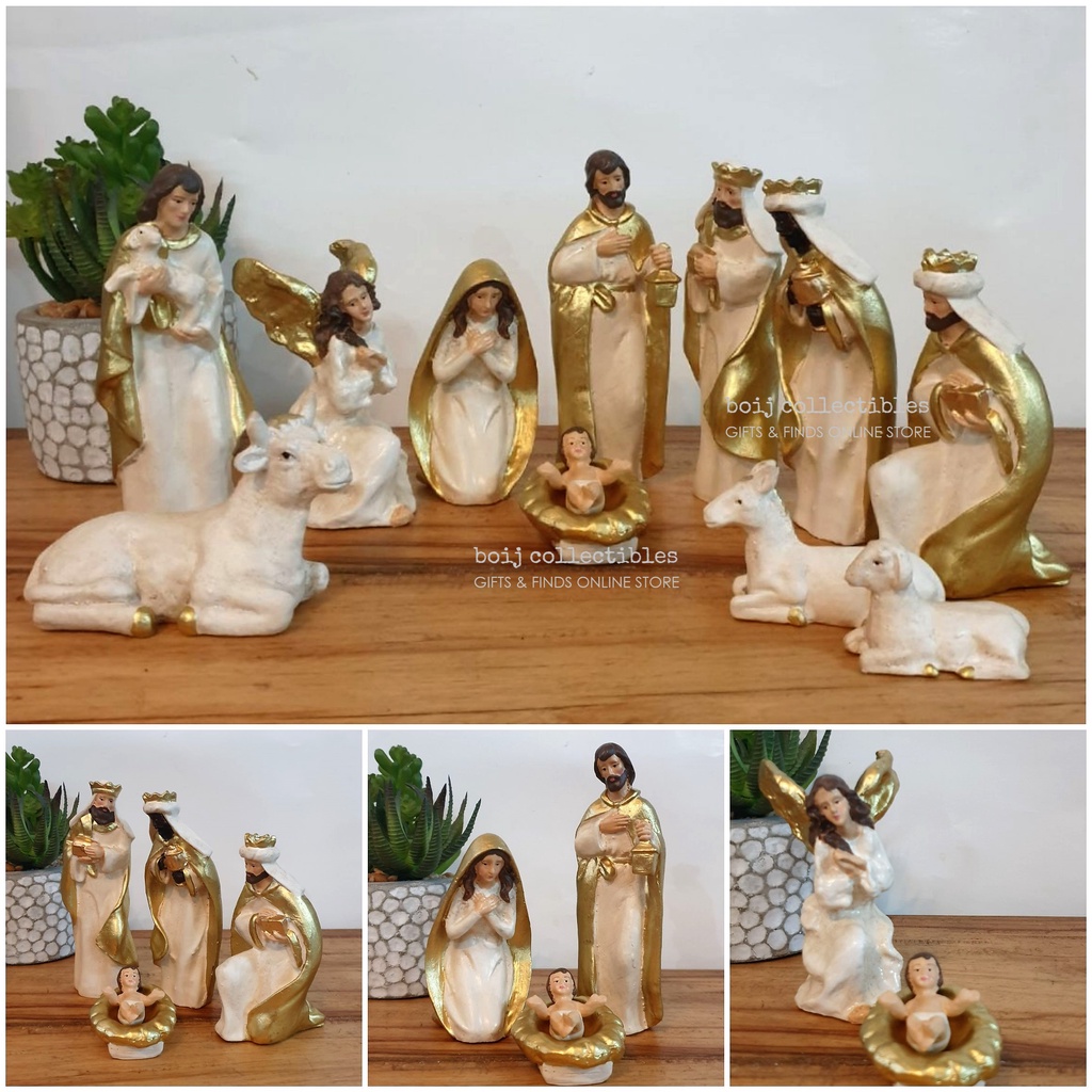 11 pc. Satin Gold & White Nativity Set Handcrafted Christmas Figurines ...