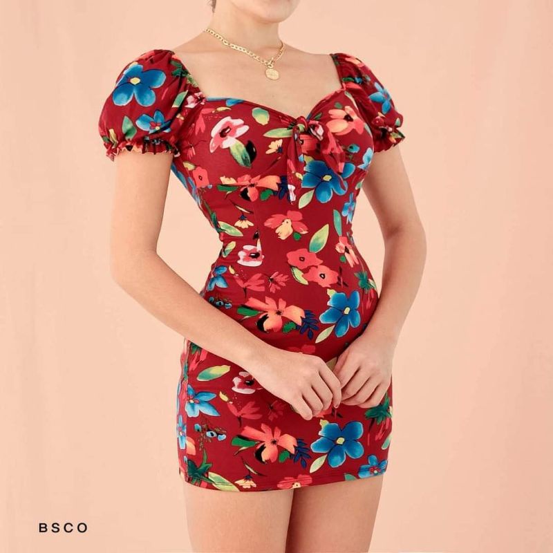 ONHAND BSCO KOREAN STYLE MAROON FLORAL BODYCON DRESS! | Shopee Philippines