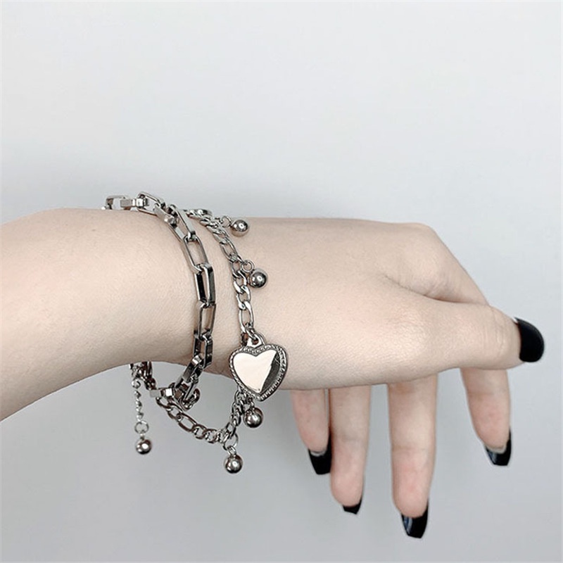 Bracelets Mulitlayer Silver Color Chain Heart Bracelets & Bangles Charm ...