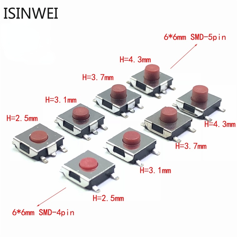 1000pcs 6*6*2.5 / 3.1 / 3.7 / 4.3 mm SMD Switch 4 / 5 Pin Feet Touch ...