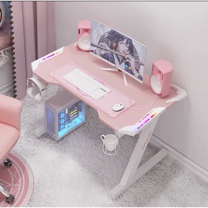 RGB Lights Study Table Pink Gaming Table Pink Computer Office Desk ...