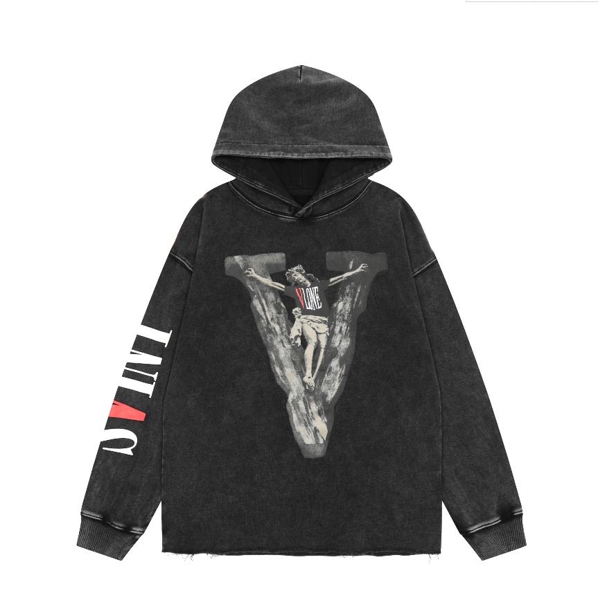 Plus Size high street VLONE big V letter printed hooded sweater washed ...
