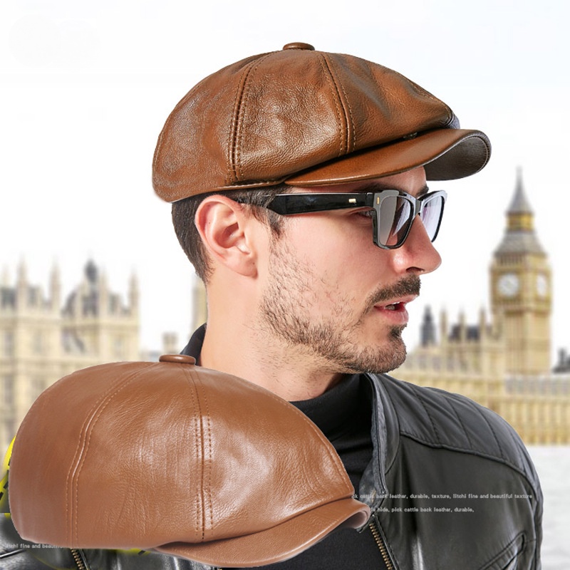 Retro Octagonal Leather Hat Autumn Men's and Women's Cowhide Beret ...