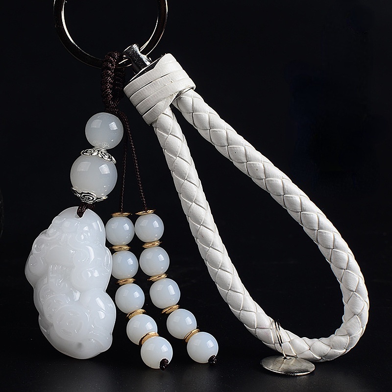 Natural Stone Luckly Pixiu Pendants Leather Car KeyChain Carved Jade ...