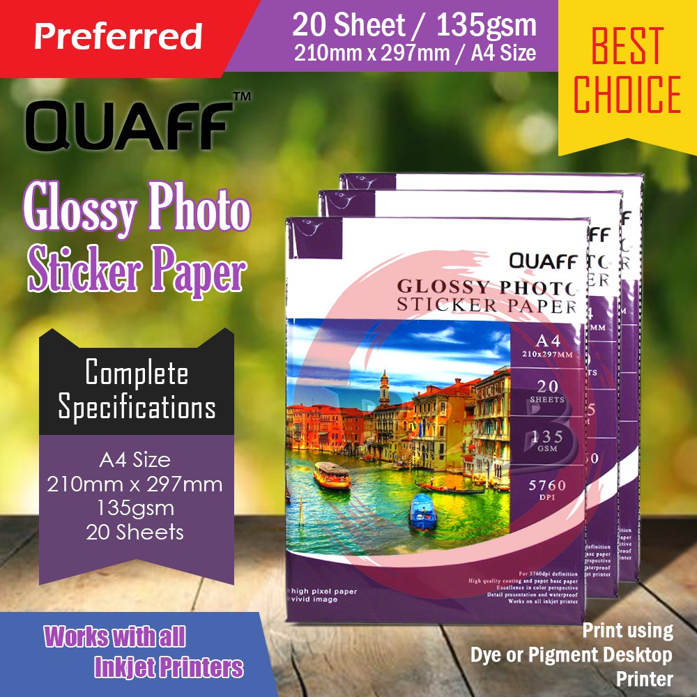 Quaff Glossy Photo Sticker Paper 135gsm / 90 gsm A4 Size | Shopee ...
