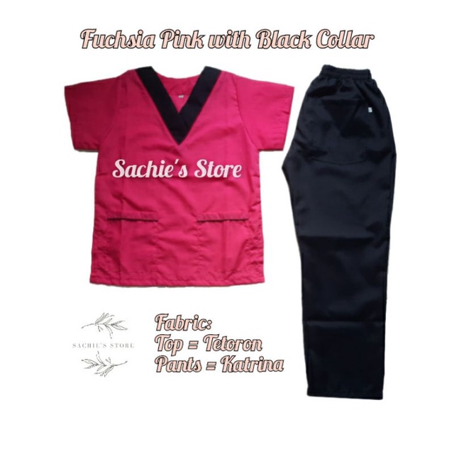[Medical Uniform Unisex] Fuchsia Pink w/Black Piping Scrub Suit VNeck ...