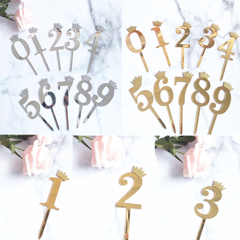 Shiny Numbers Cake Decoration Gold Silver Crown Acrylic 0-9 Numbers ...