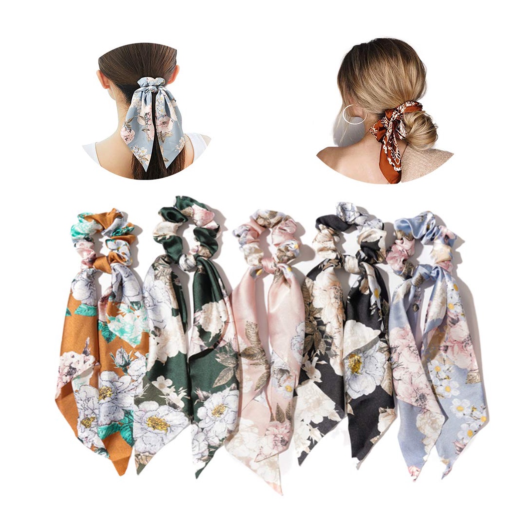 Ribbon Scrunchies for Hair Chiffon Hair Ribbon Floral Scarf Scrunchy ...