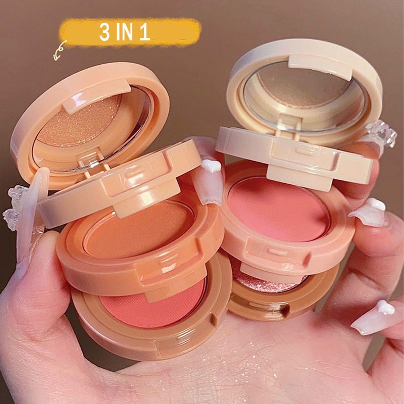 3-in-1 Highlight Blush Palette Pearly Shiny Powder Delicate Waterproof ...