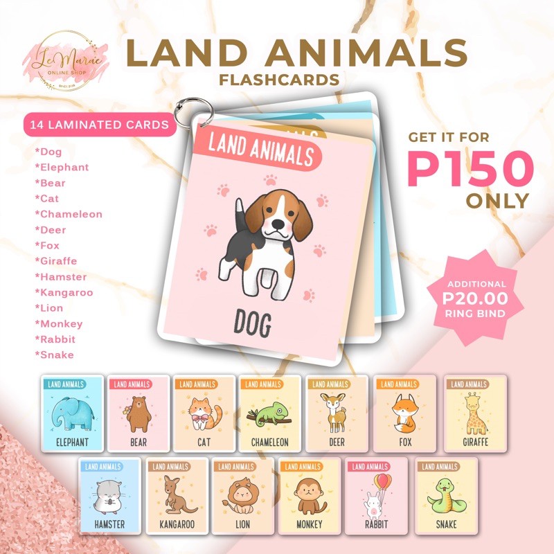 LAND ANIMALS Laminated Flashcards Educational Toys Animals Cards for ...