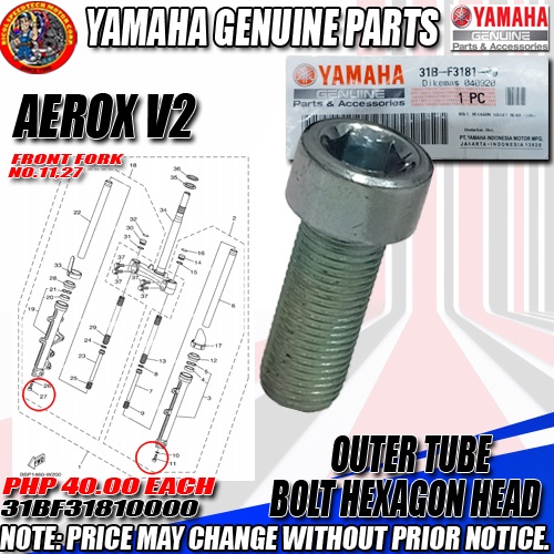 AEROX V2 OUTER TUBE BOLT HEXAGON HEAD (YGP) (GENUINE: 31B-F3181-00 ...