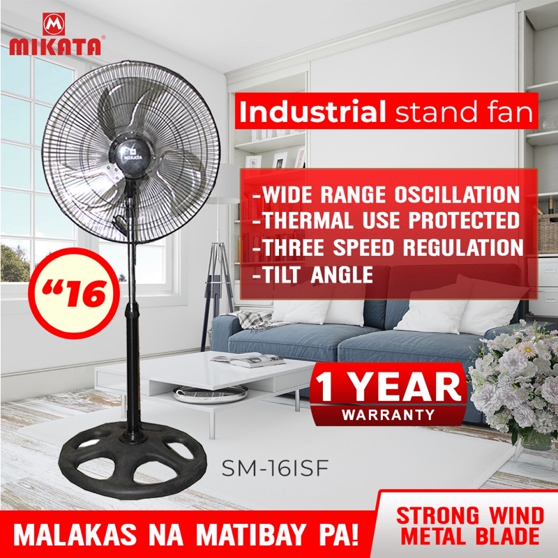 Mikata SM-16ISF Industrial Stand Fan Electric Fan 16inch 3 Blades Metal ...