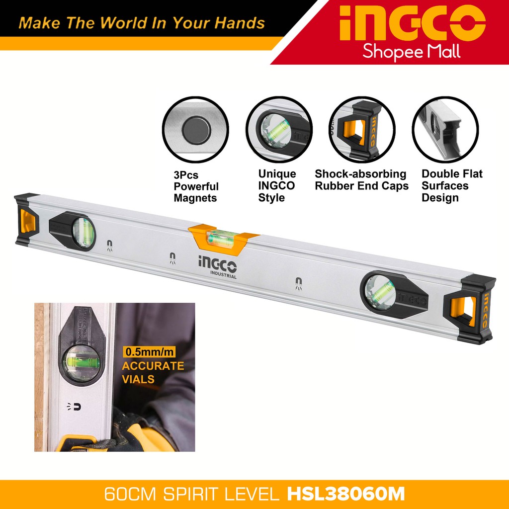 Ingco Industrial Spirit Level with 3pcs Powerful Magnets 60cm HSL38060M IHT | Shopee Philippines