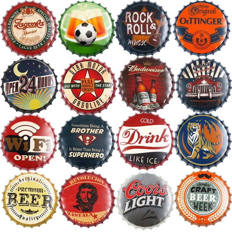 35CM Beer Bottle Cap Bar Pub Retro Metal Plaque Wall Decor Metal Tin ...