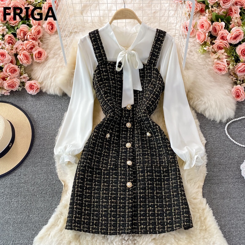 FRIGA 2 PCS Set Women Tweed Dress White Shirt Puff Sleeve Blouse Casual ...