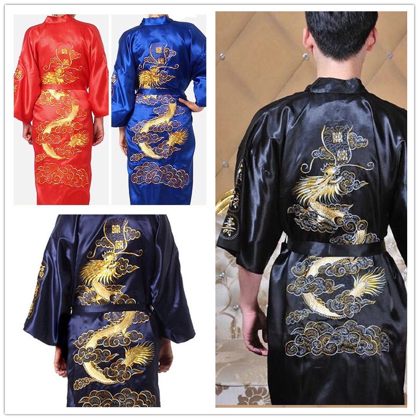 Men Sleepwear Summer Bath Robe Home Coat Dragon Clothing dark blue ...