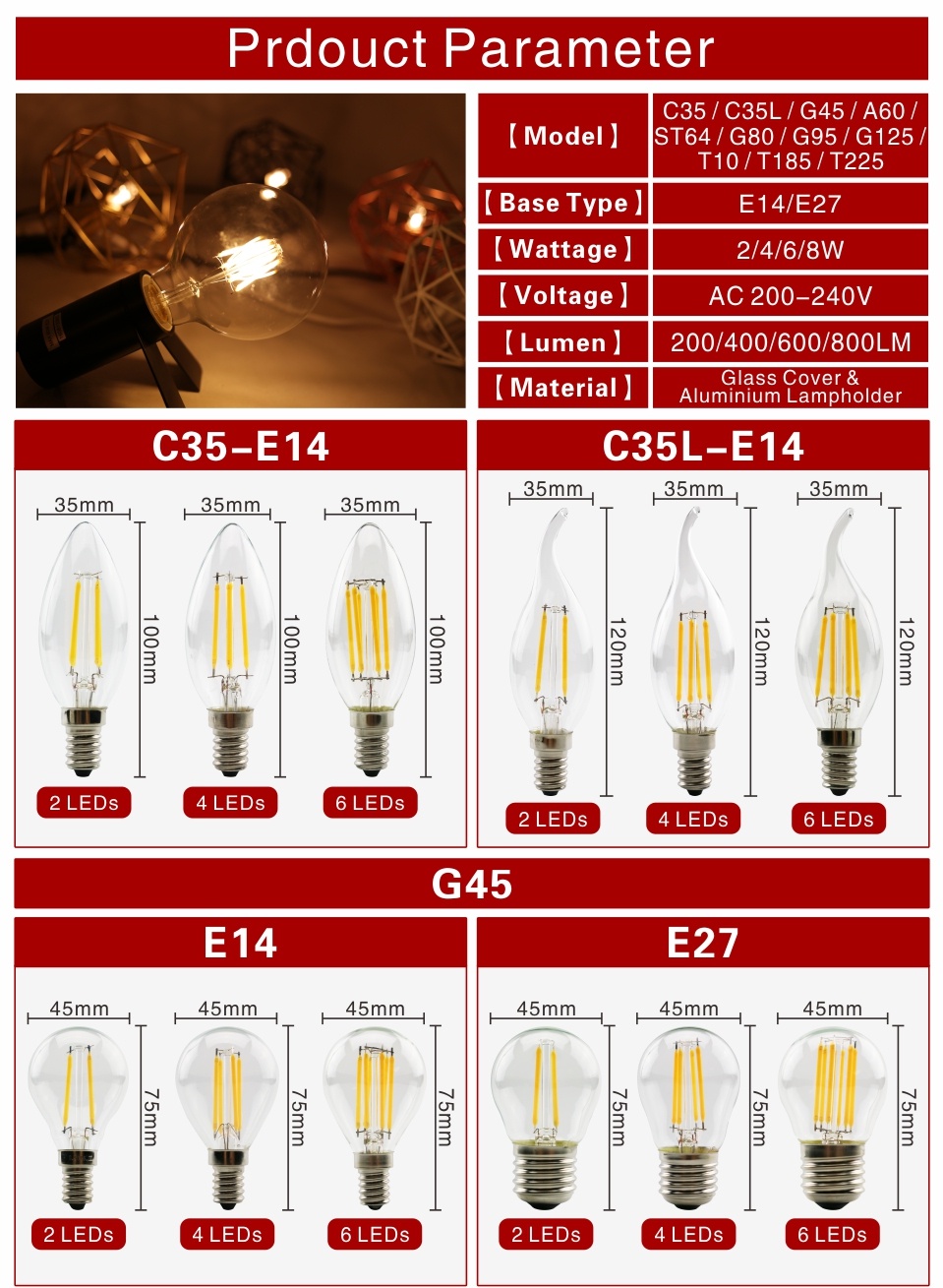 Got Liang 4W 6W E27 E14 220V Retro Edison LED Filament Bulb Lamp C35 ...