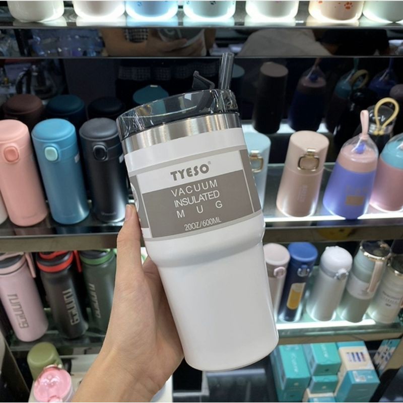 TYESO Double Wall Vacuum Insulated Tumbler Stainless Steel Coffee Tea Mug with Straw 600ml/890ml ...