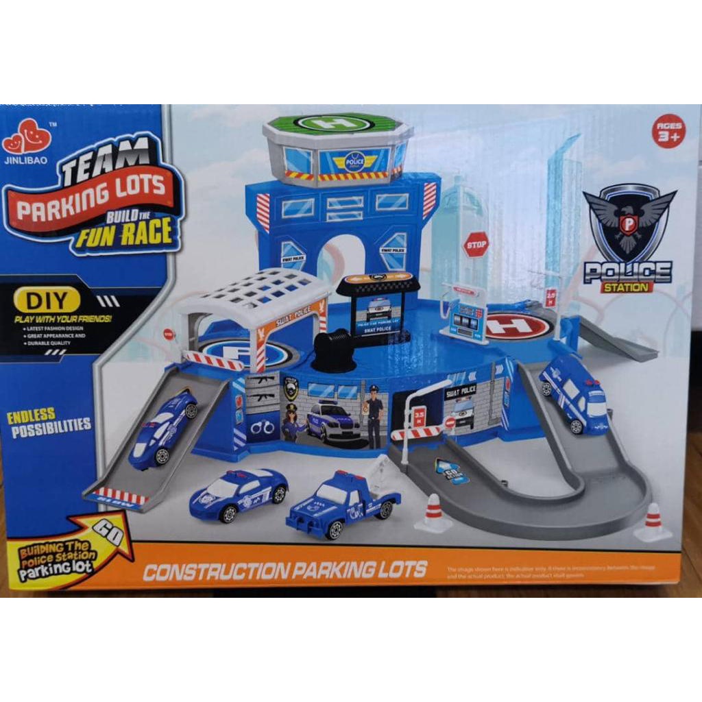 TEAM PARKING LOT BUILT THE FUN RACE-POLICE SWAT HQ + 4 PLASTIC CAR ...