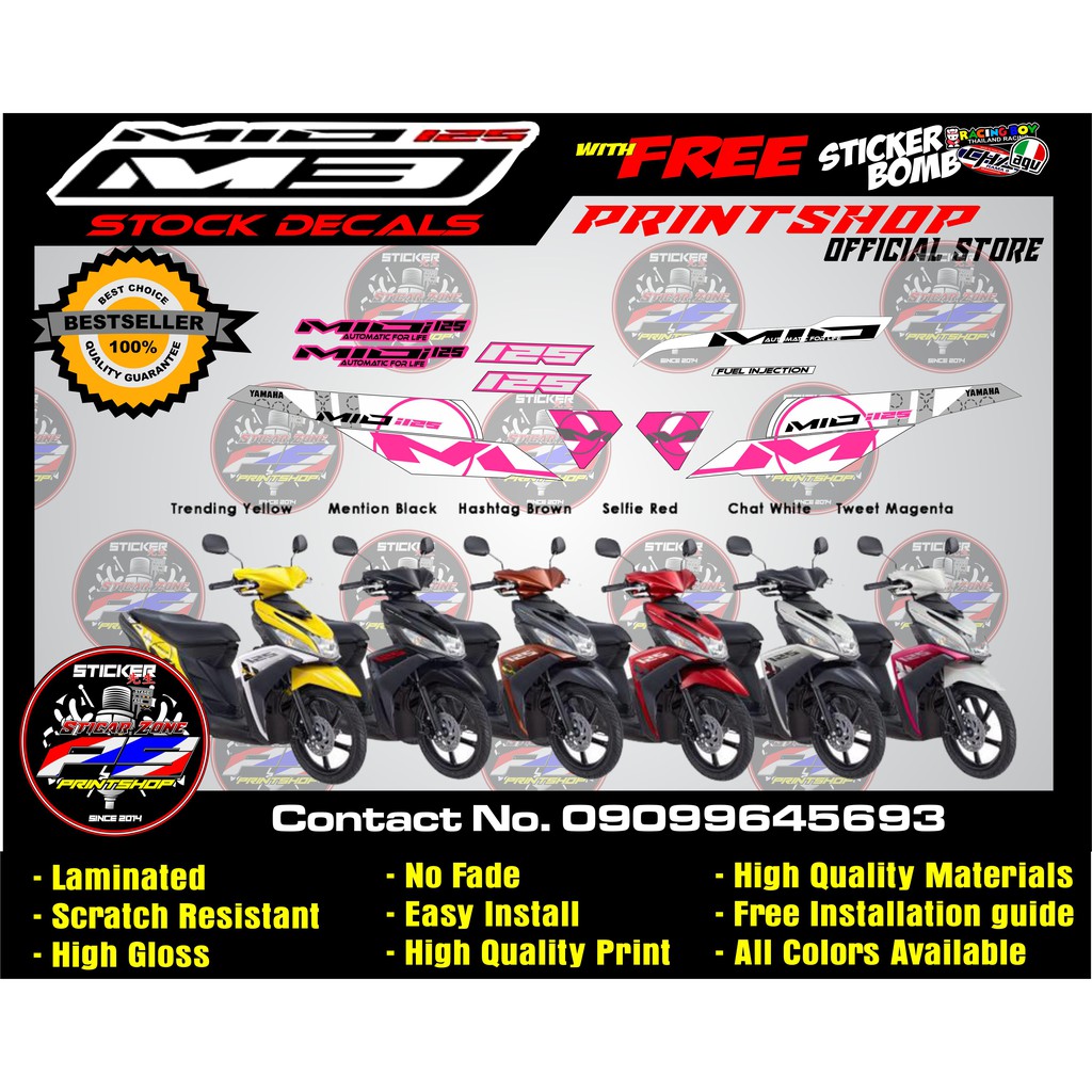 Mio i125, M3 Yamaha scooter Stock Decals Set High Quality and Durable ...