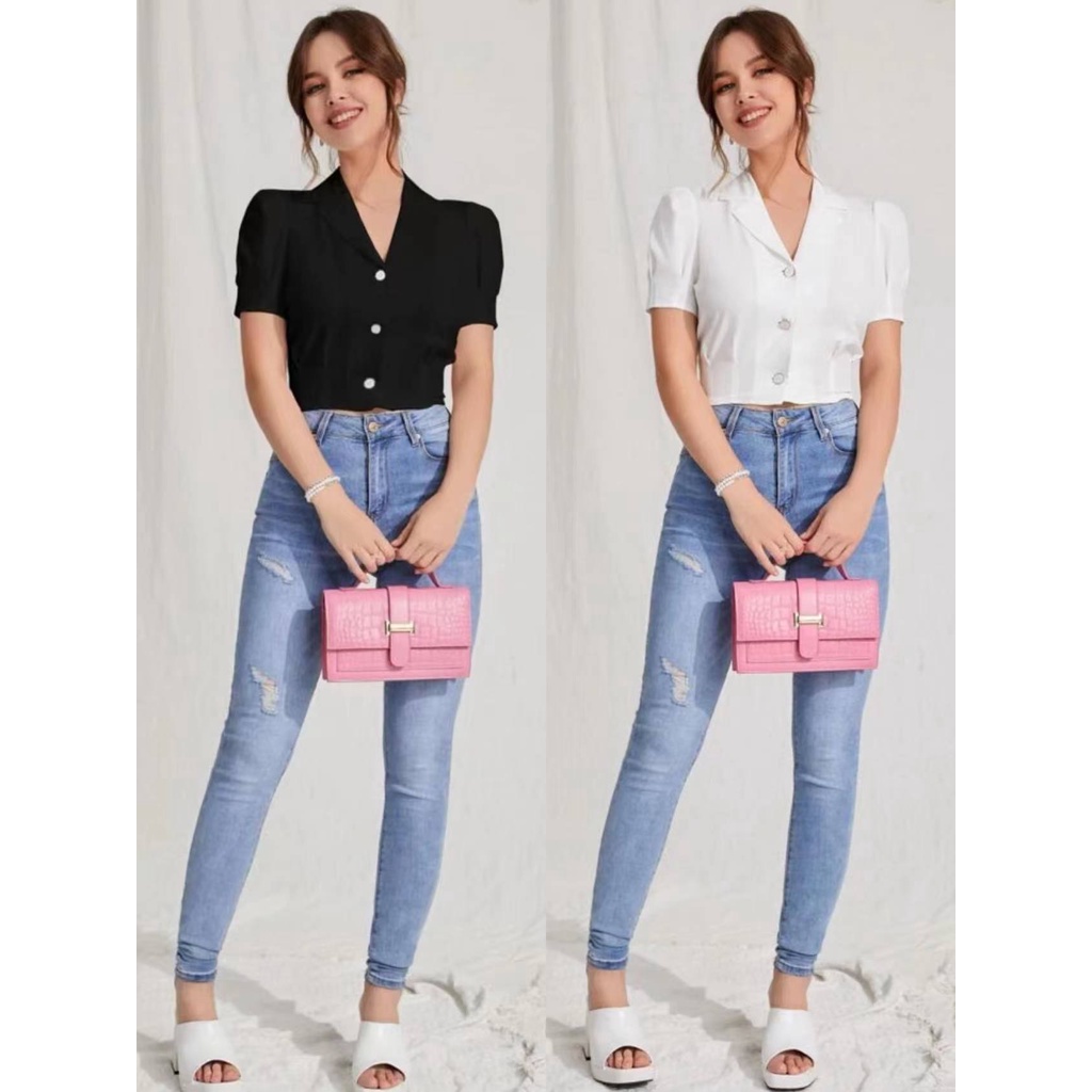 Lapel Collar Puff Sleeve Button Crop Top | Shopee Philippines