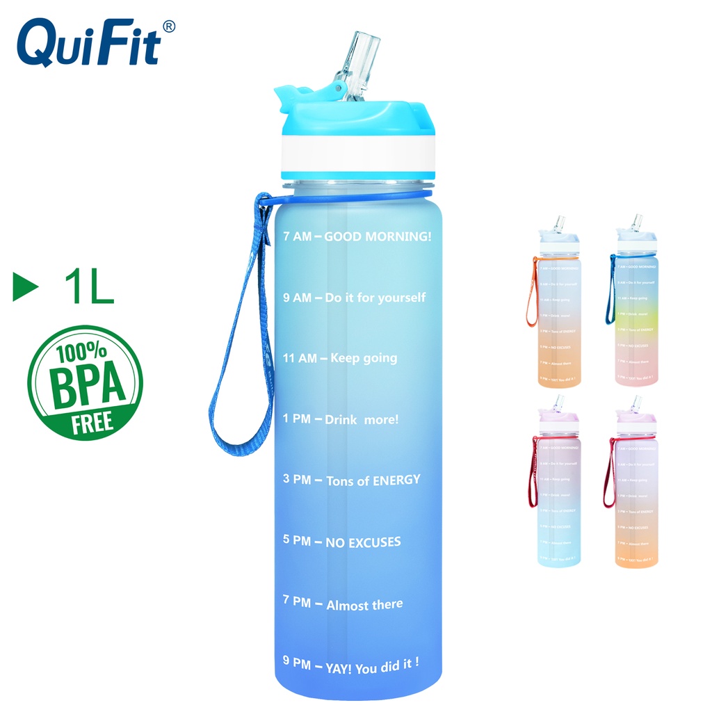 QuiFit Tritan Water Bottle With Straw Time Marker BPA Free For Sports And Outdoor Gym Botols (1L ...