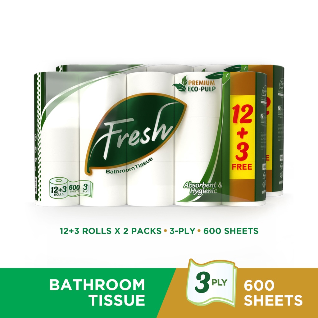 FRESH ECO-PULP BTR BATHROOM TISSUE - 3PLY - 200 PULLS 600 SHEETS - 12+3 ...