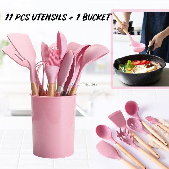 Silicone PINK Kitchen Utensils with Wooden Handle (Sold Per Set ...