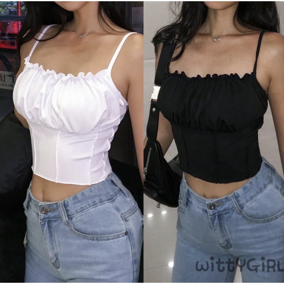 Ribbed Ruffle Bust Top Sleeveless Knitted Crop Top | Shopee Philippines